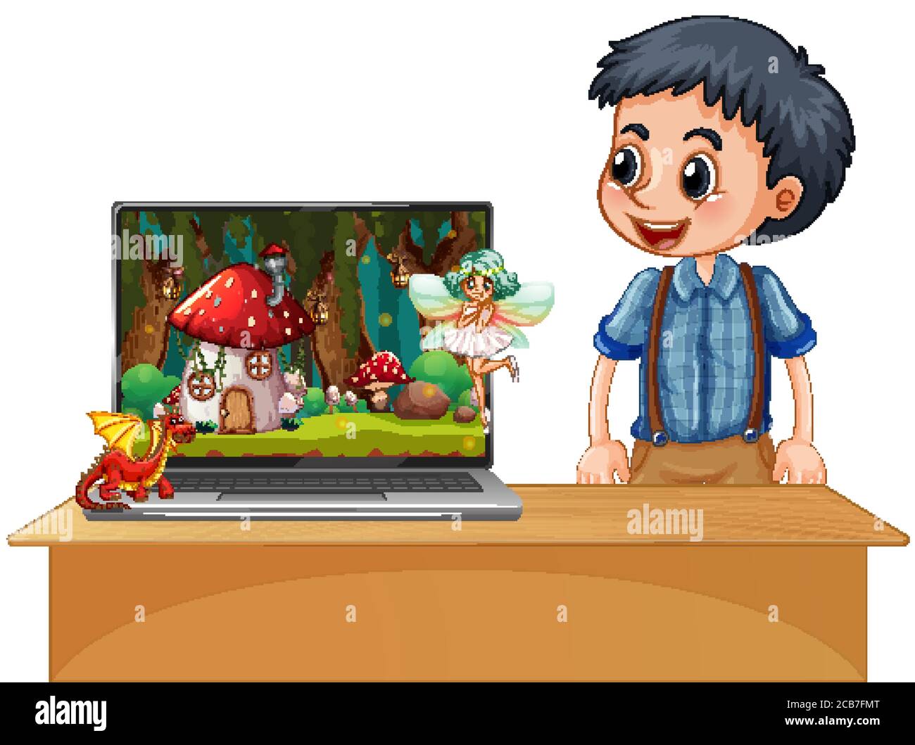 Happy boy next to laptop with magic land on desktop background ...