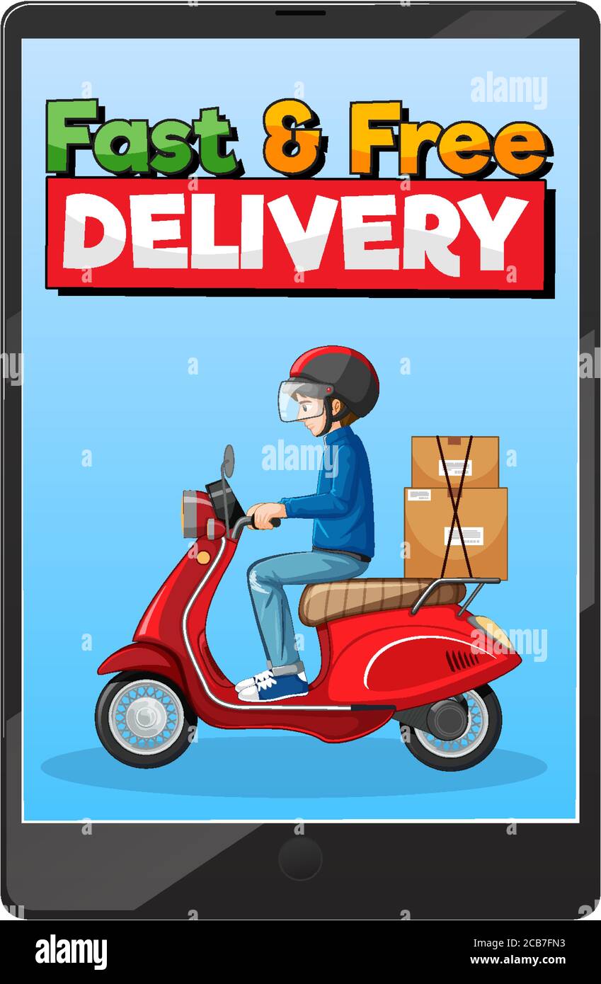 Fast and free delivery logo with bikeman or courier illustration Stock ...