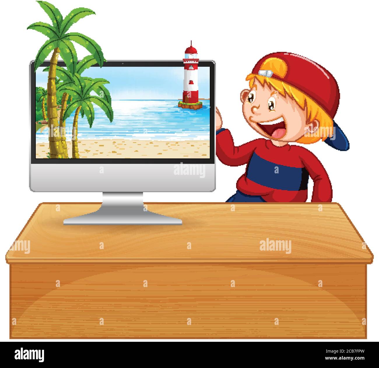 Happy boy next to computer woth beach scene on screen illustration ...