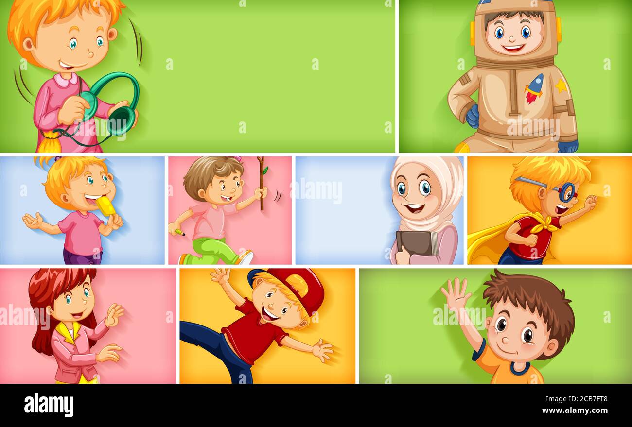Set of different kid characters on different color background ...