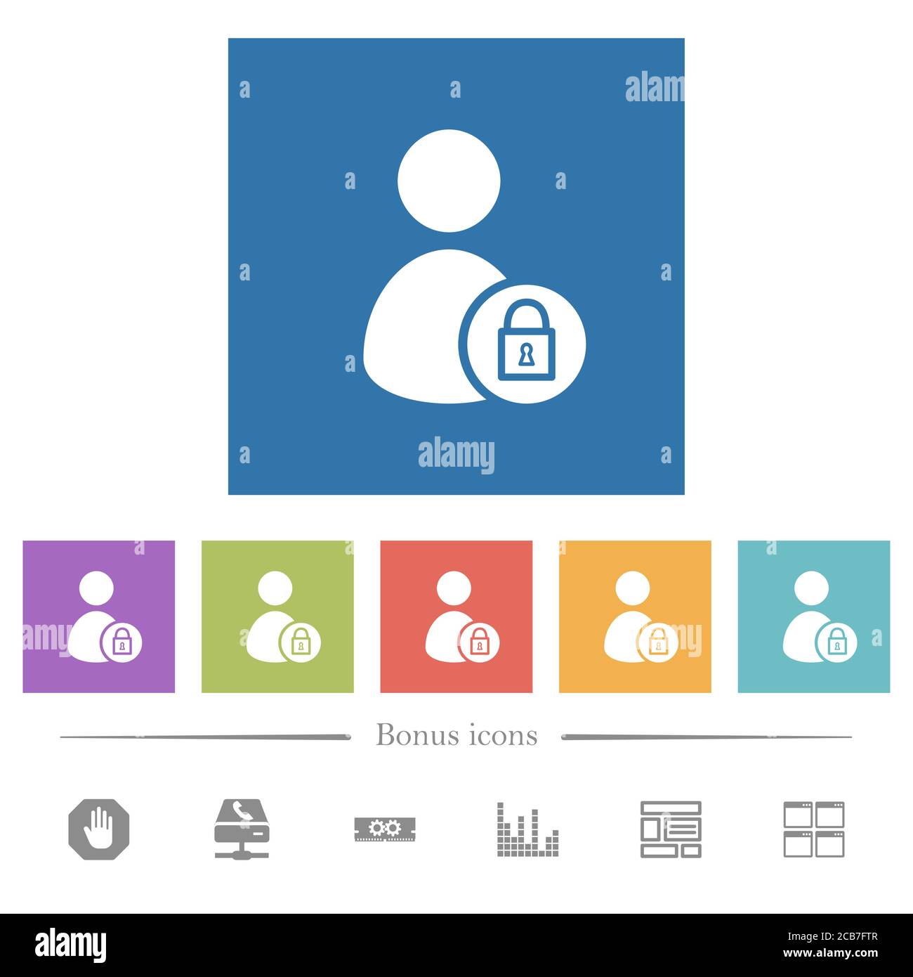 Lock user account flat white icons in square backgrounds. 6 bonus icons ...
