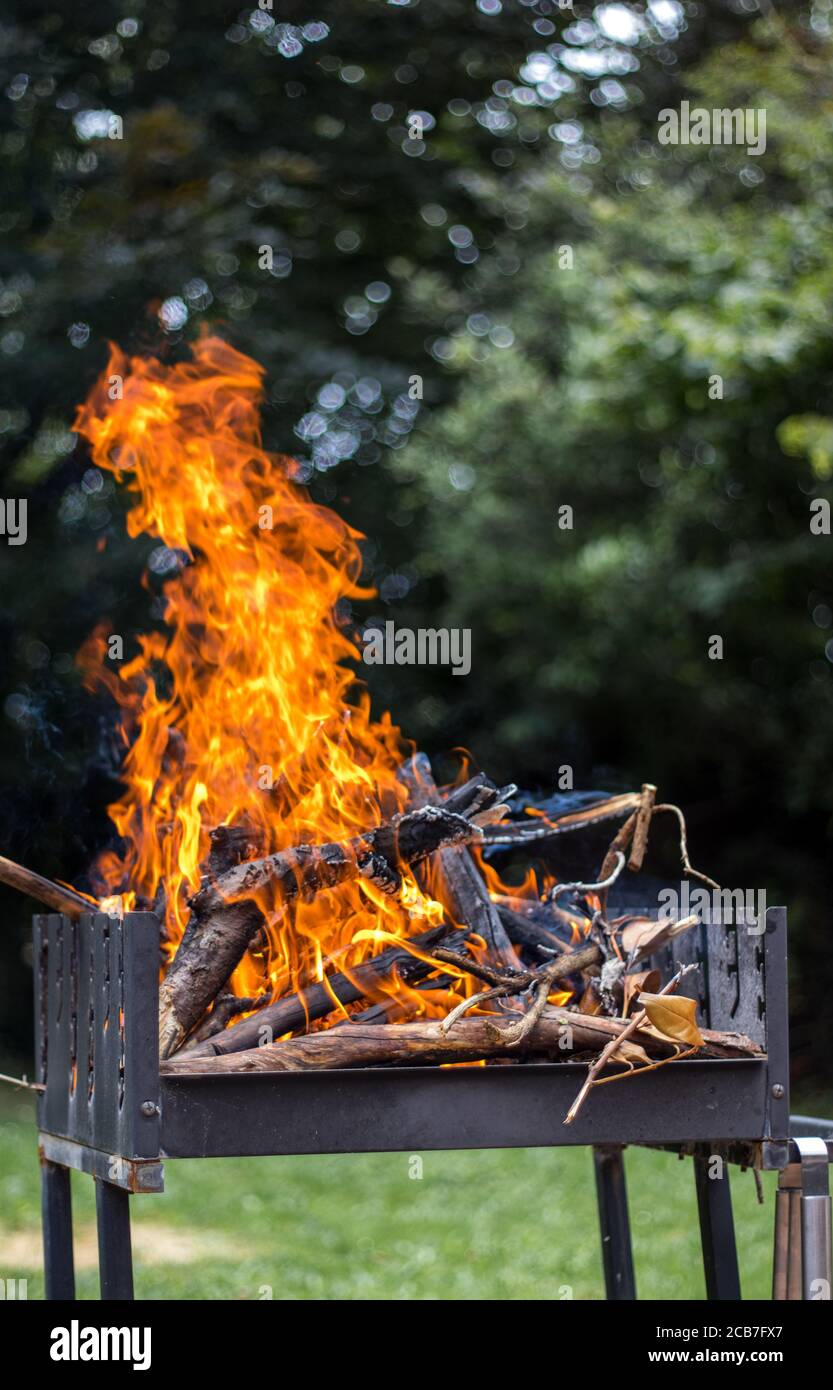 Vertical focus shot of burning wood in a fire pit outdoors Stock Photo ...