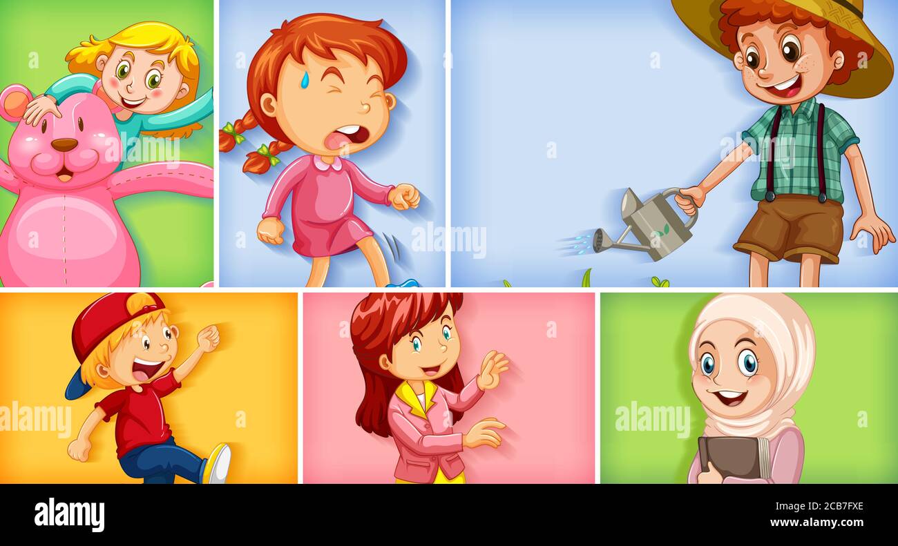 Set of different kid characters on different color background ...