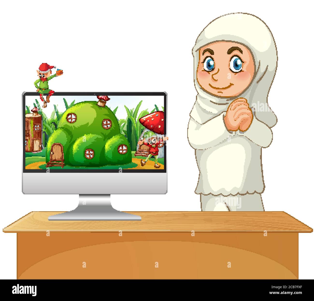 Muslim girl next to computer fairy tale theme desktop background ...