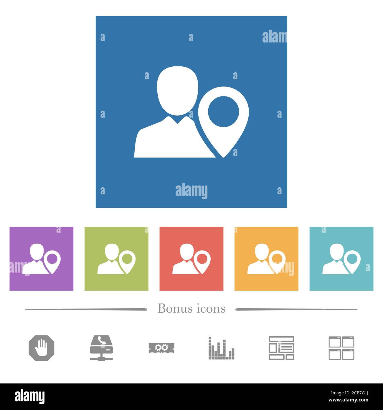 User location flat white icons in square backgrounds. 6 bonus icons ...