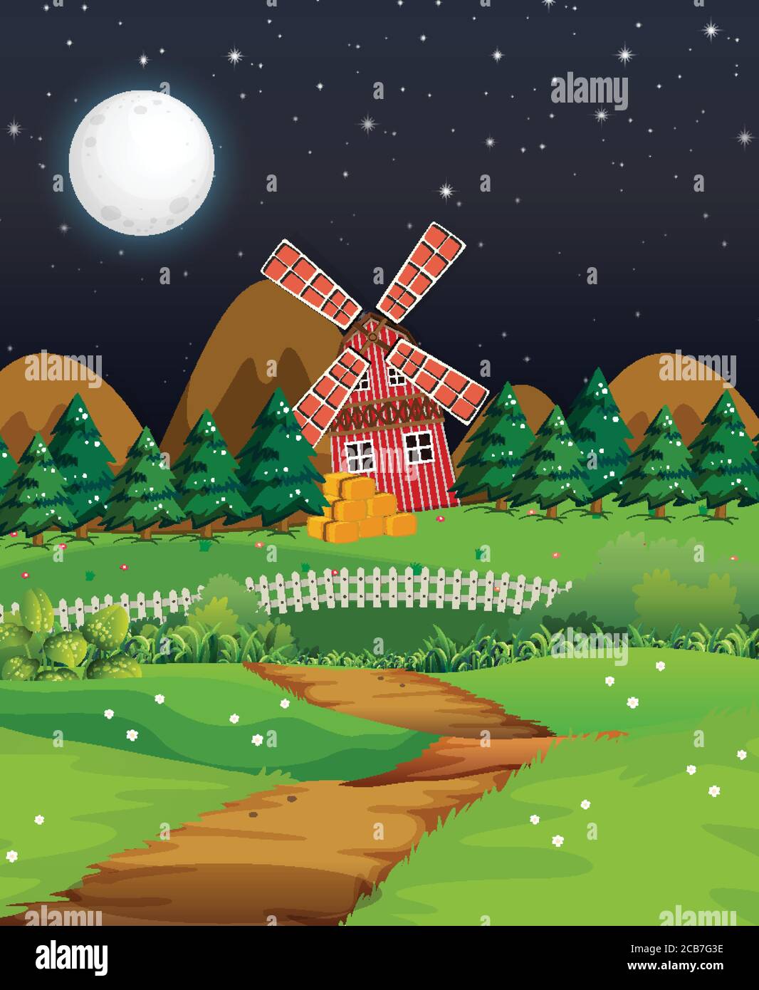 Farm scene with barn and mill at night illustration Stock Vector Image ...