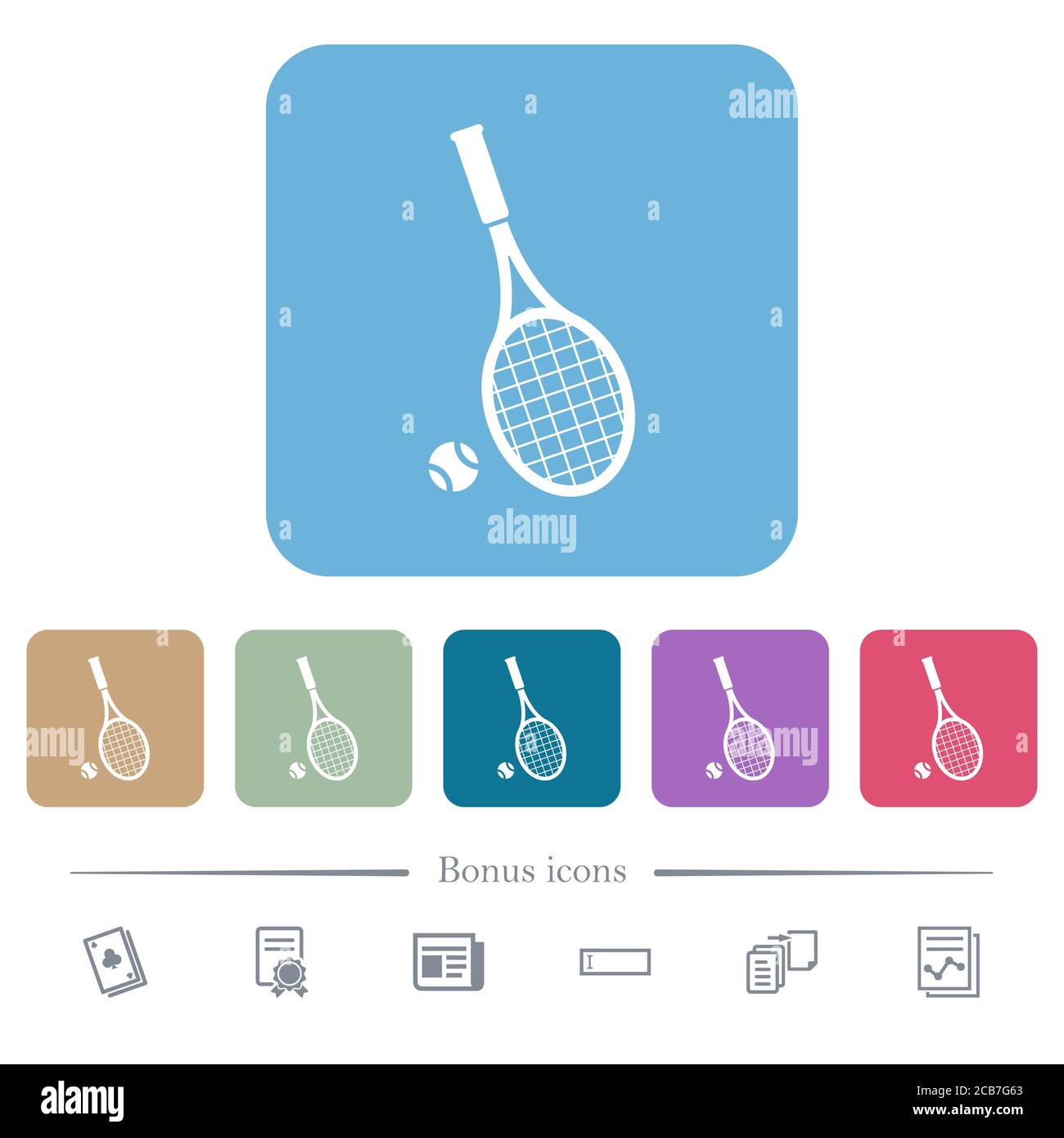 Tennis racket with ball white flat icons on color rounded square ...