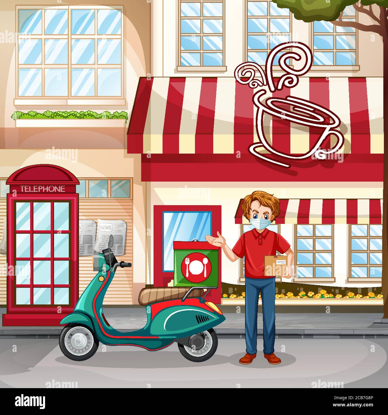 Delivery man or courier stand by the coffee shop illustration Stock ...