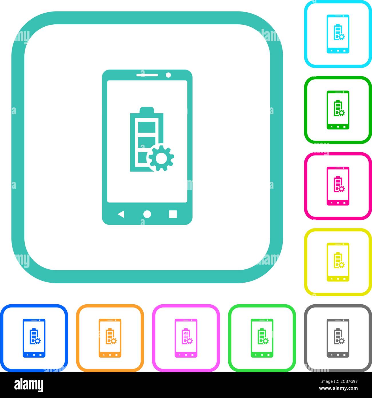 Mobile battery settings vivid colored flat icons in curved borders on ...