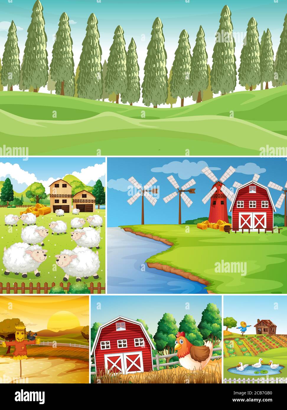 Set of different farm scenes with animal farm cartoon style ...