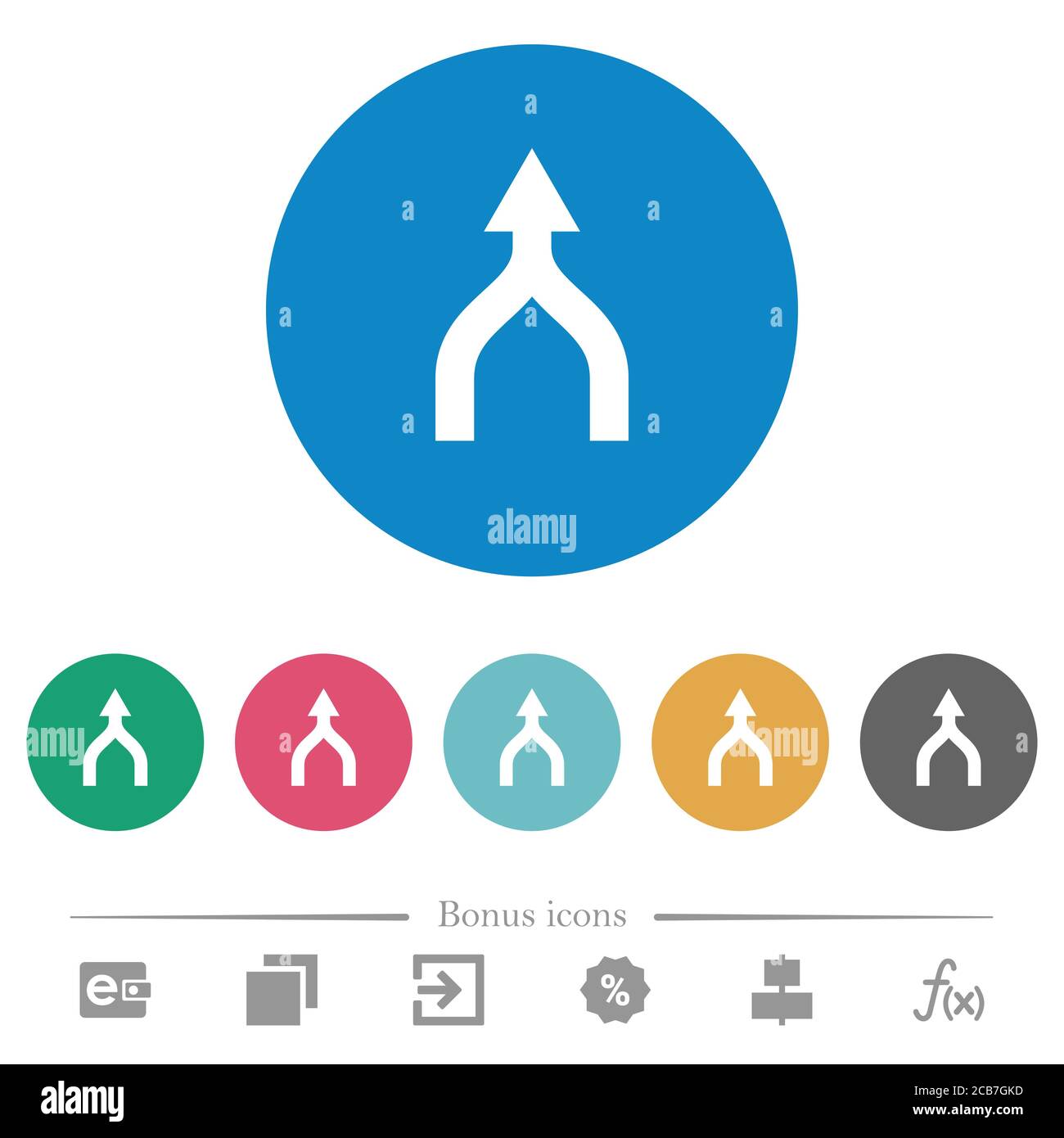 Merge arrows up flat white icons on round color backgrounds. 6 bonus ...