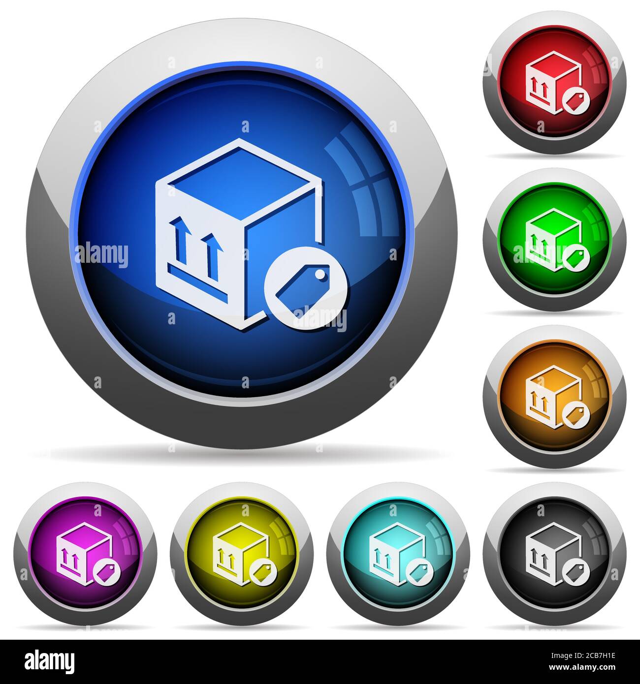 Package labeling icons in round glossy buttons with steel frames in ...