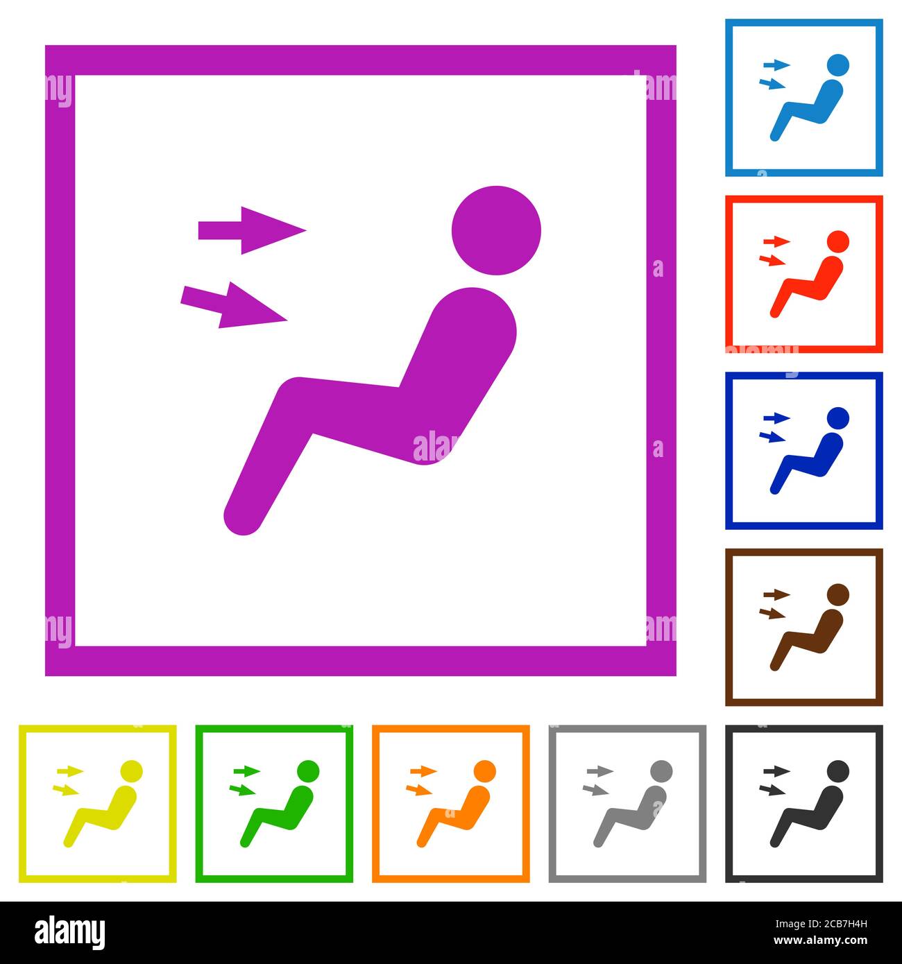 Car air flow direction head chest flat color icons in square frames on ...