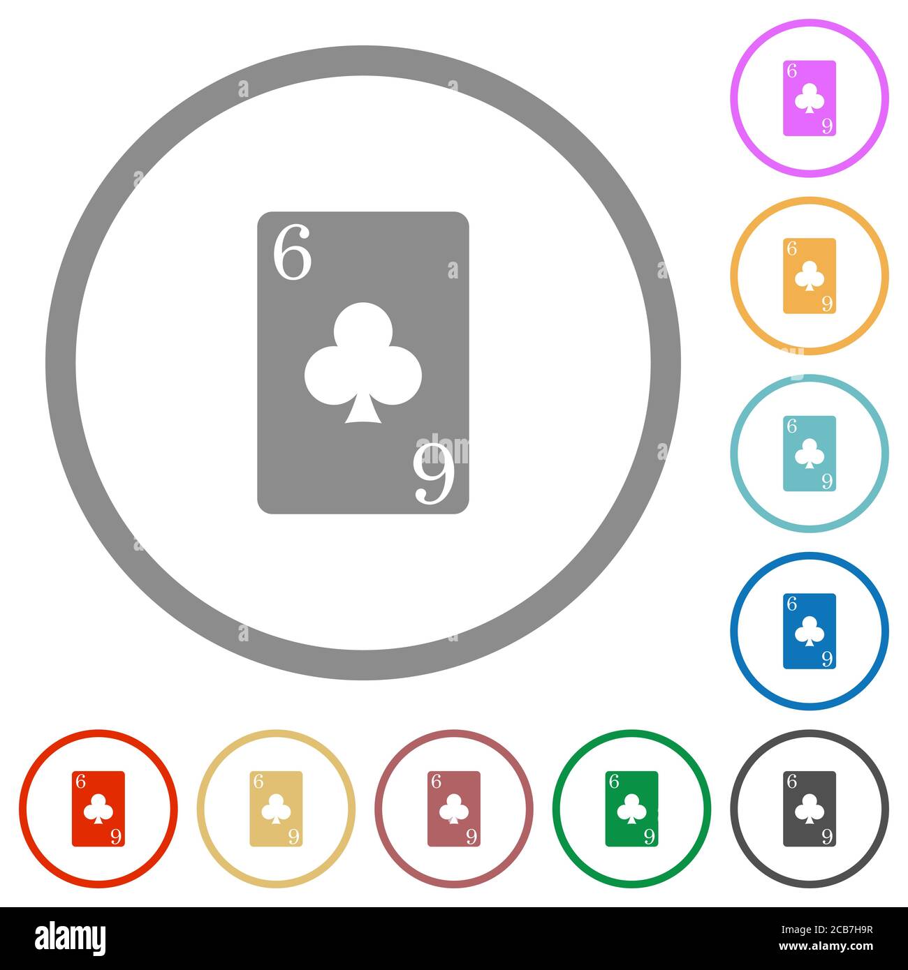 Six of clubs card flat color icons in round outlines on white ...