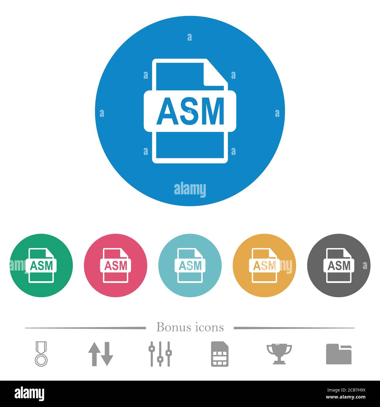 ASM file format flat white icons on round color backgrounds. 6 bonus ...