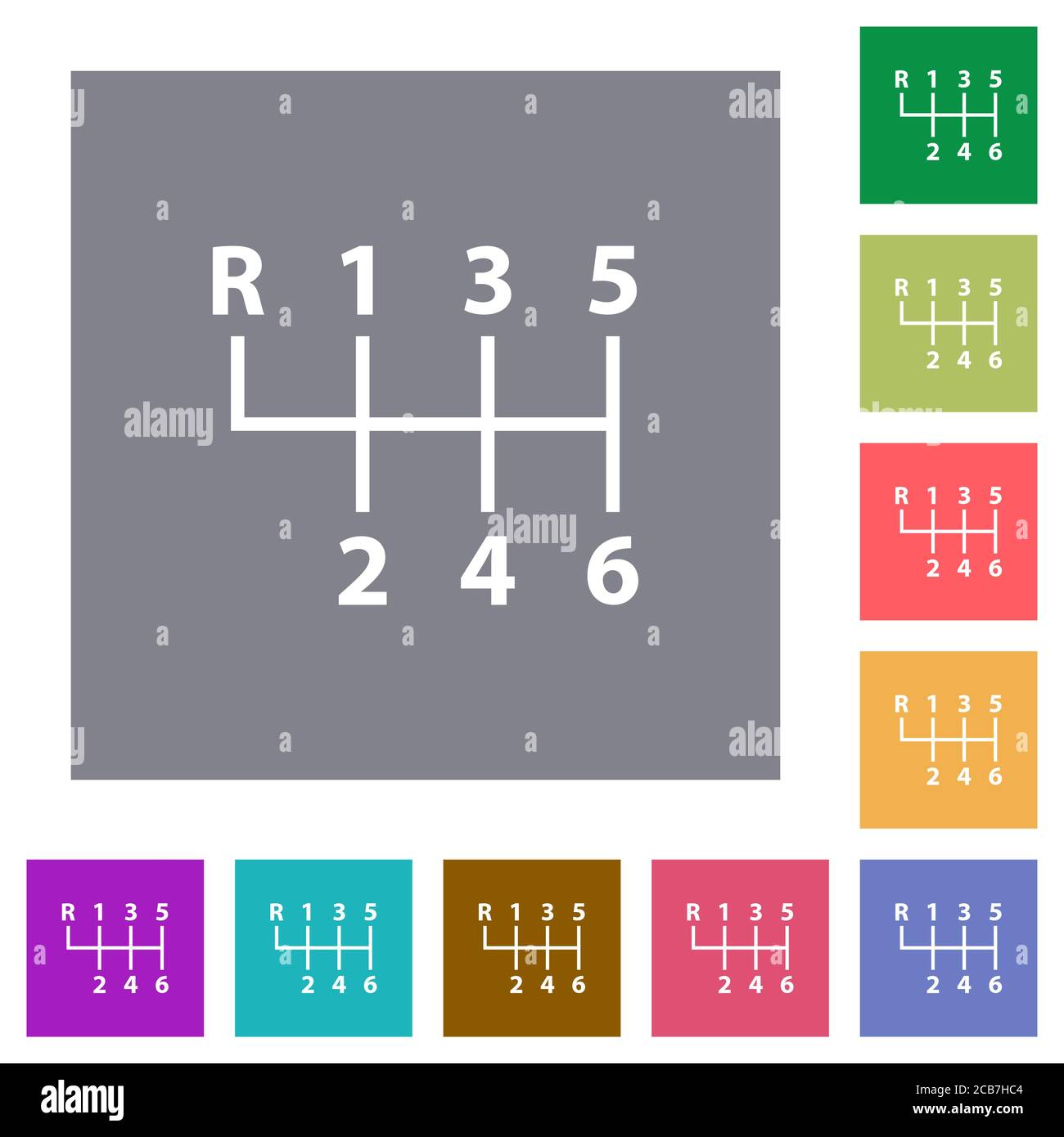 Six speed manual gear shift flat icons on simple color square ...