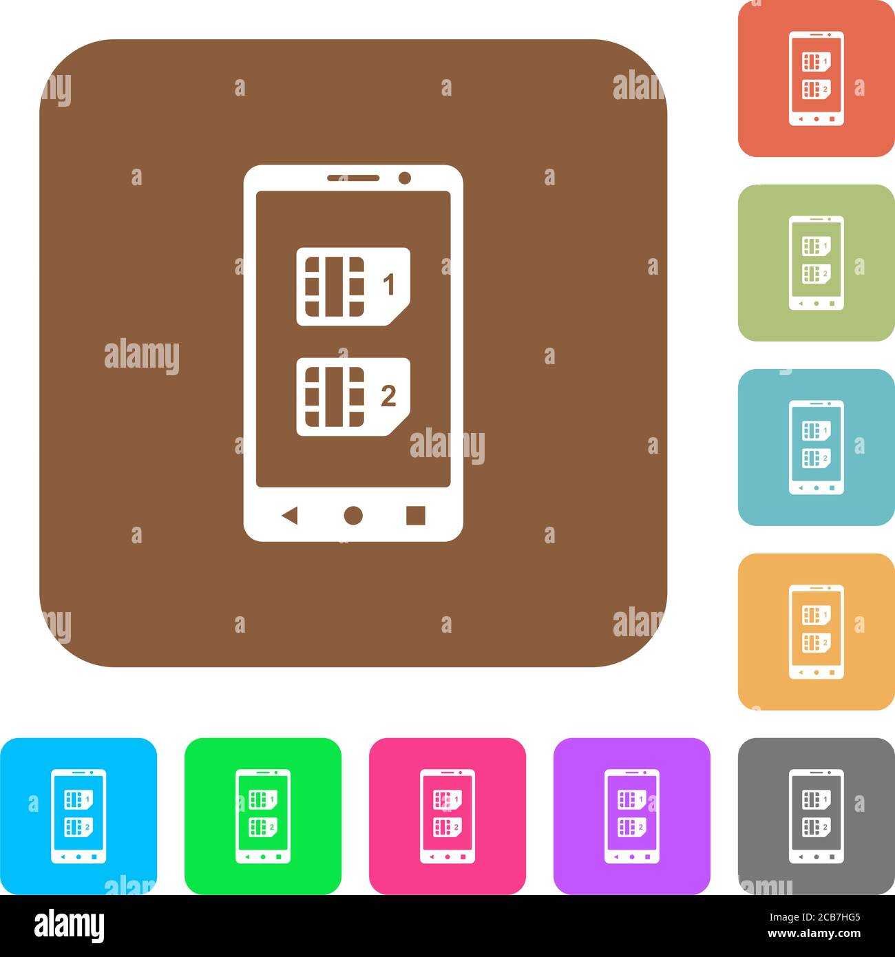 Dual SIM mobile flat icons on rounded square vivid color backgrounds ...