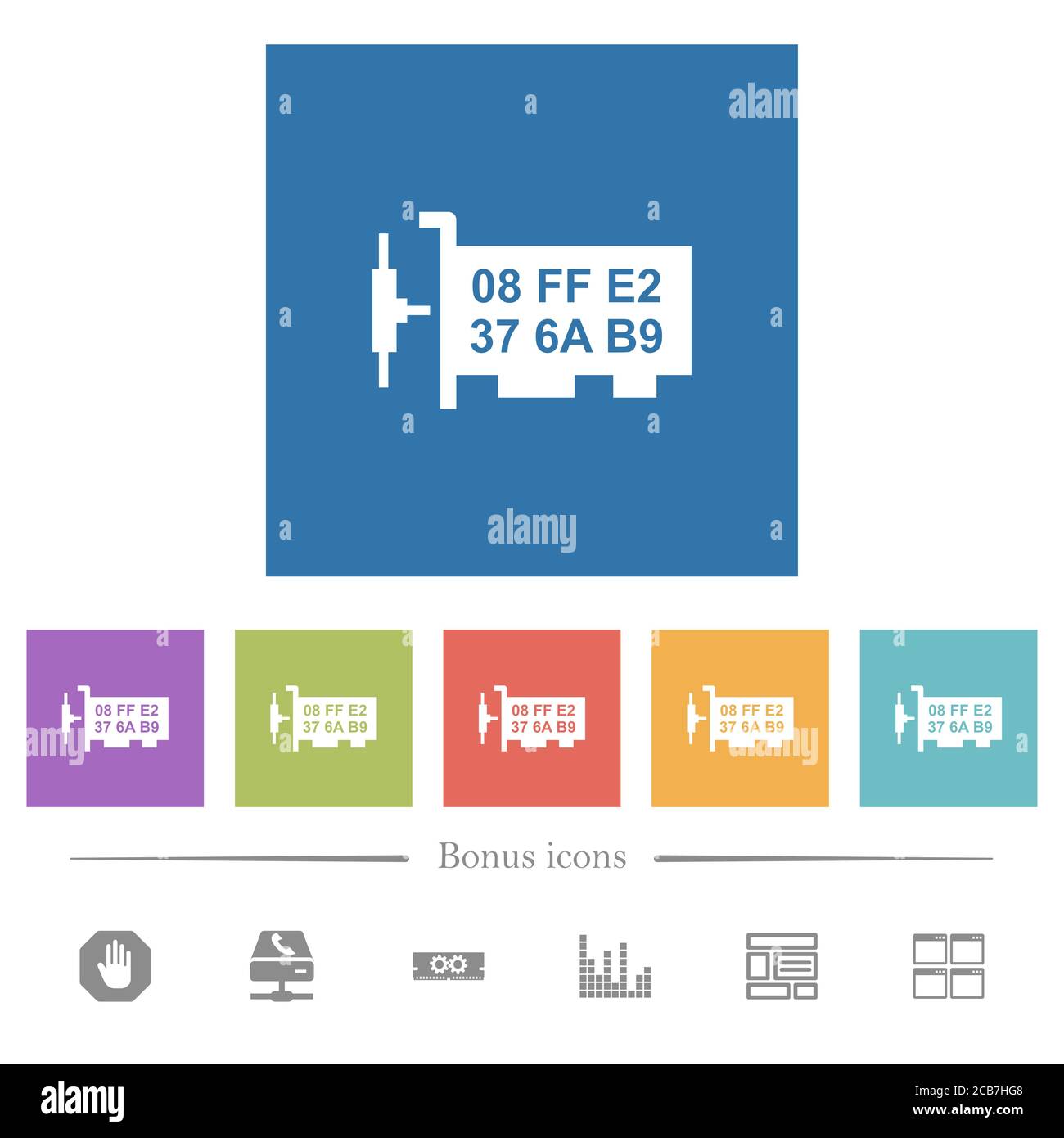 Network mac address flat white icons in square backgrounds. 6 bonus ...