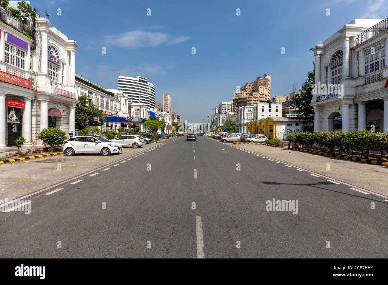 View of road and shops at the central business district of Connaught ...