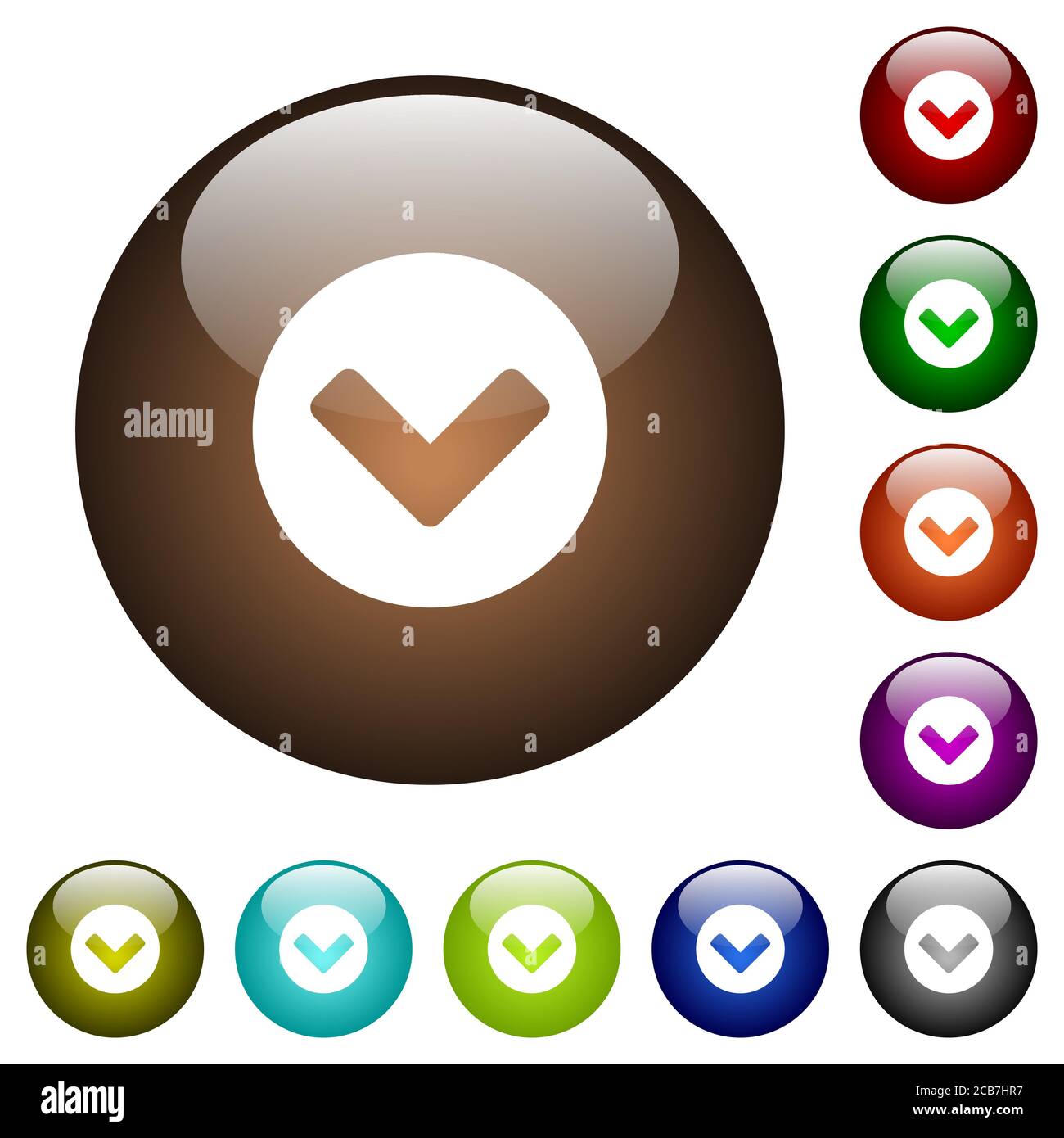 Chevron down white icons on round glass buttons in multiple colors ...