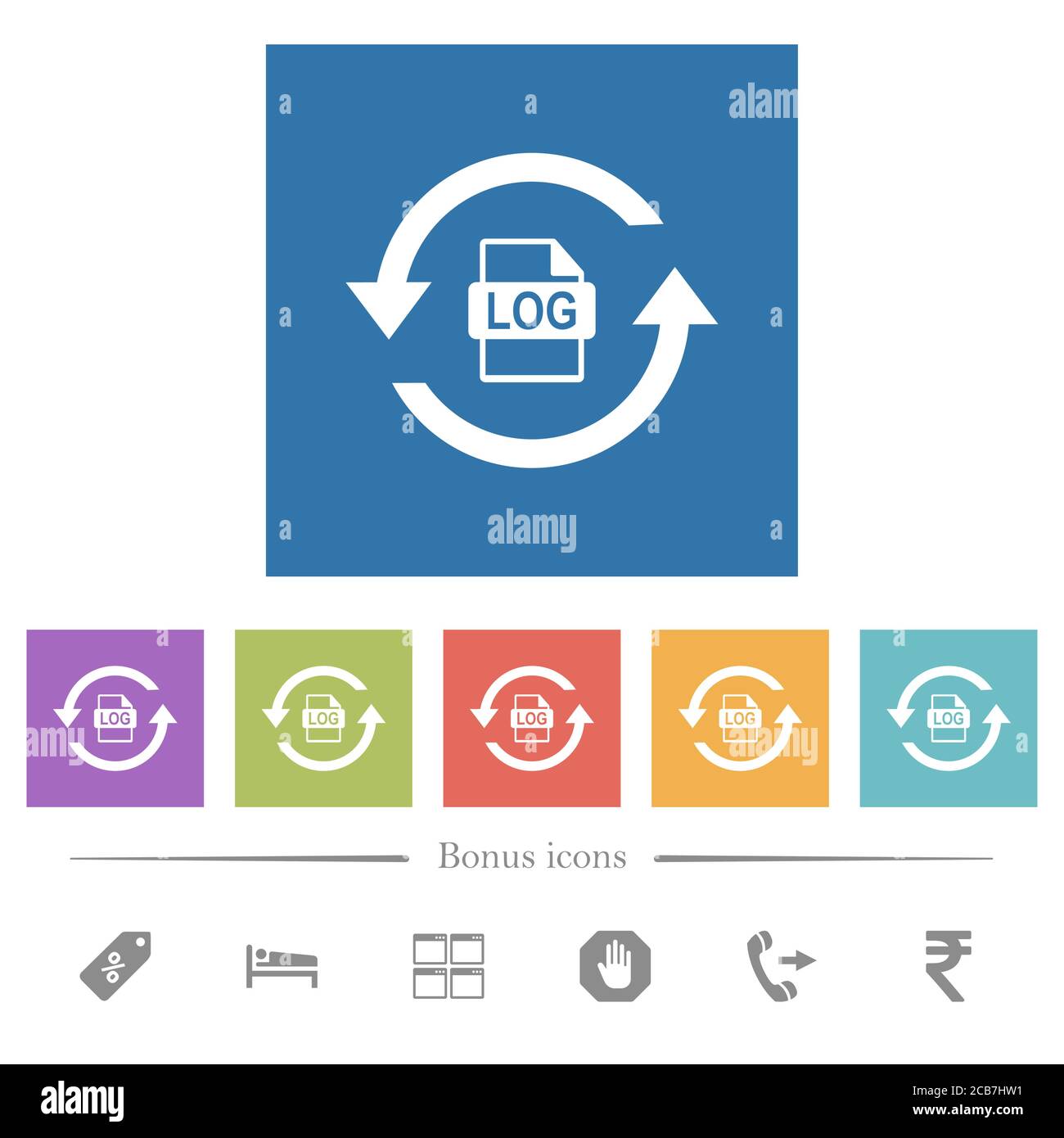 Log file rotation flat white icons in square backgrounds. 6 bonus icons ...