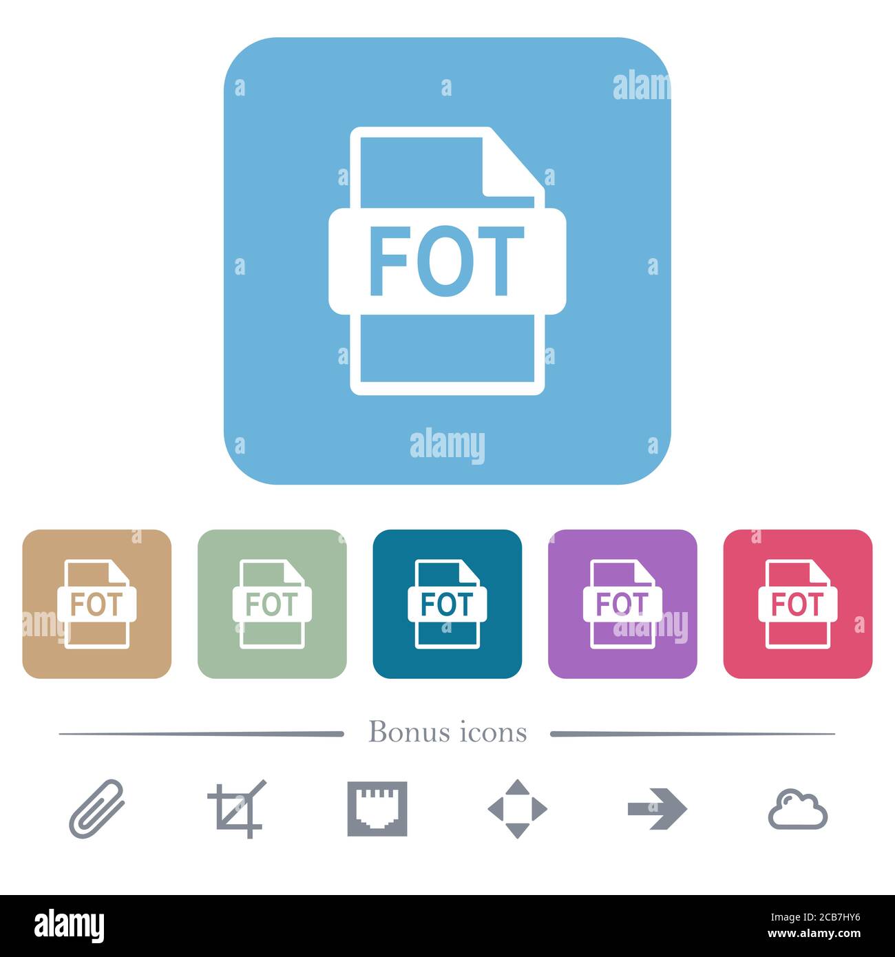 FOT file format white flat icons on color rounded square backgrounds. 6 bonus icons included ...