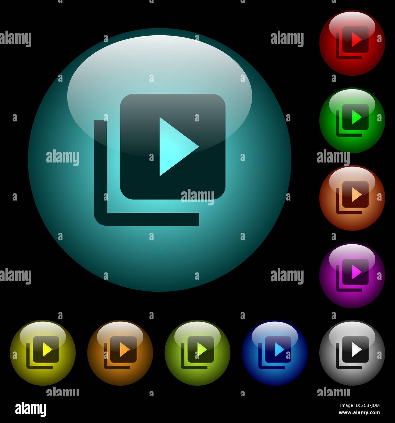 Video library icons in color illuminated spherical glass buttons on ...