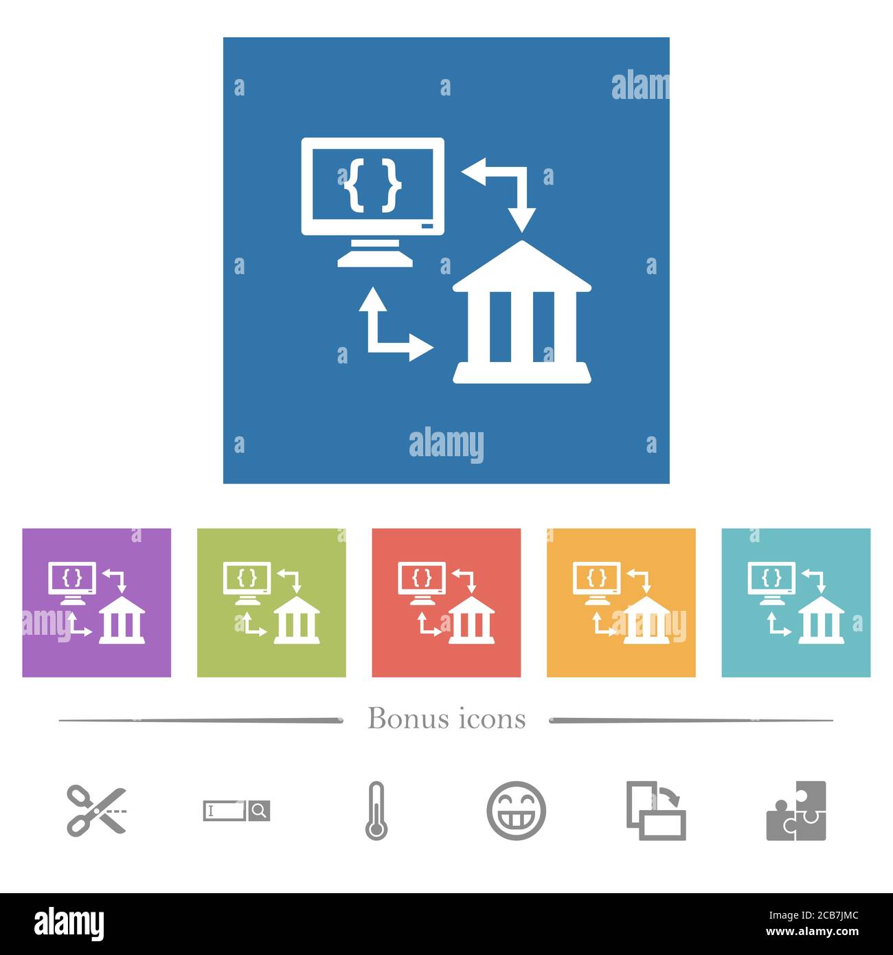 Open banking API flat white icons in square backgrounds. 6 bonus icons ...