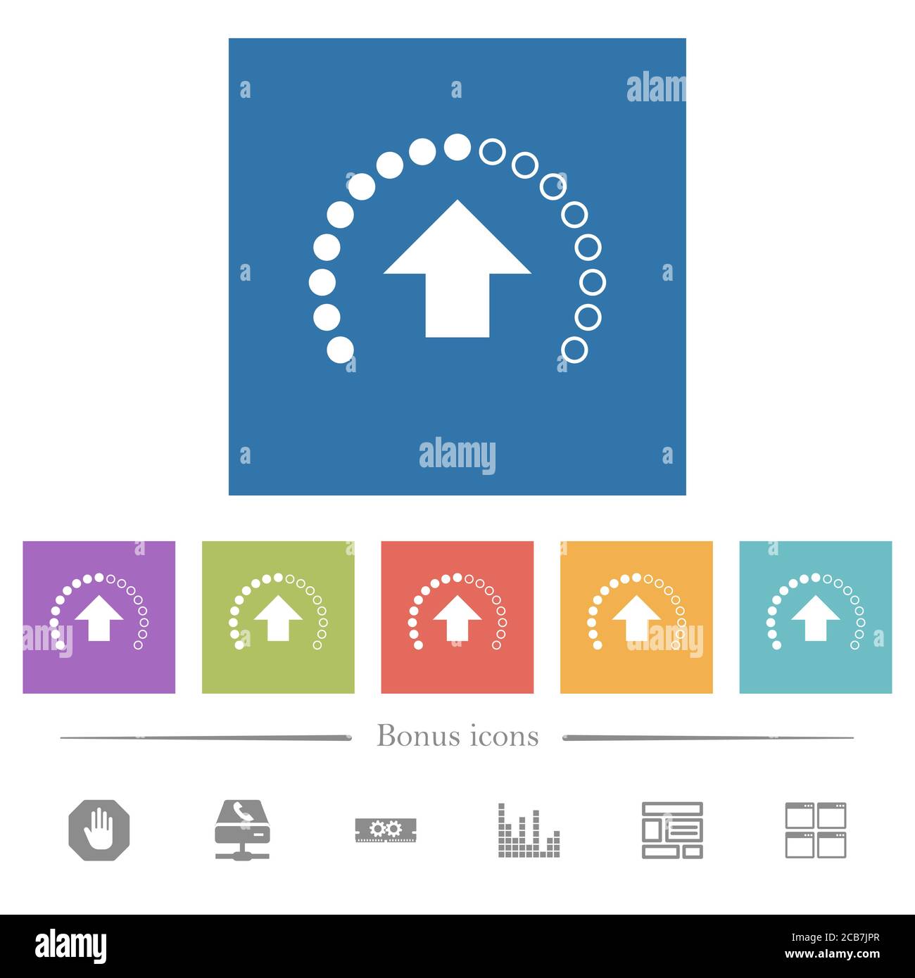 Upload in progress flat white icons in square backgrounds. 6 bonus ...