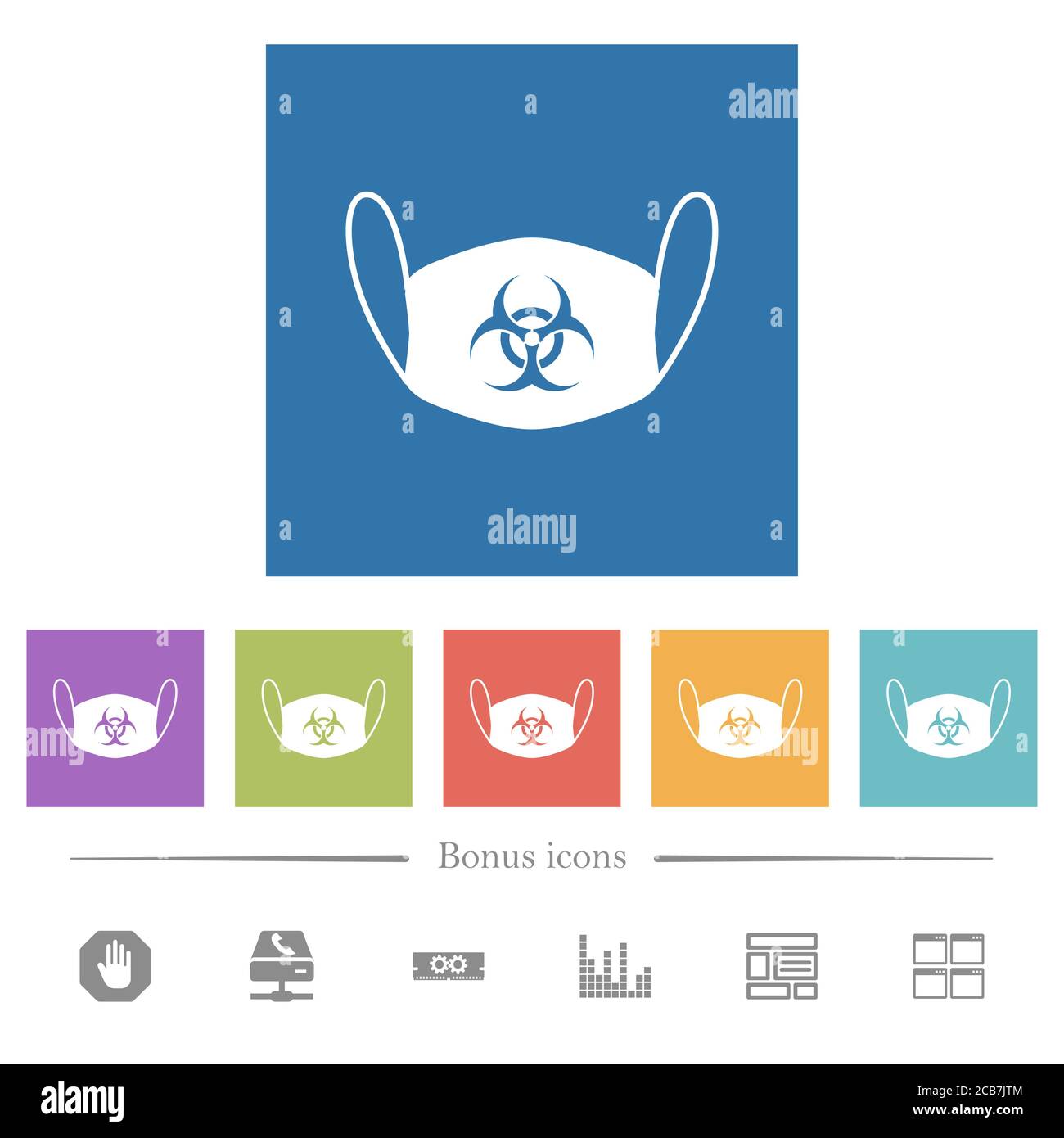 Face mask with biohazard symbol flat white icons in square backgrounds ...