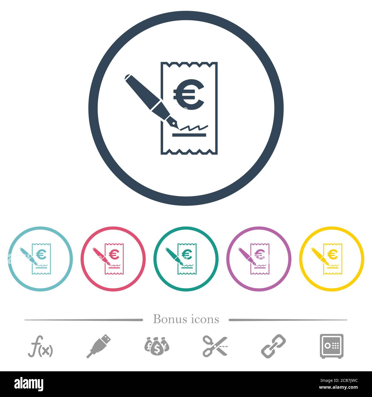 Signing Euro cheque flat color icons in round outlines. 6 bonus icons ...