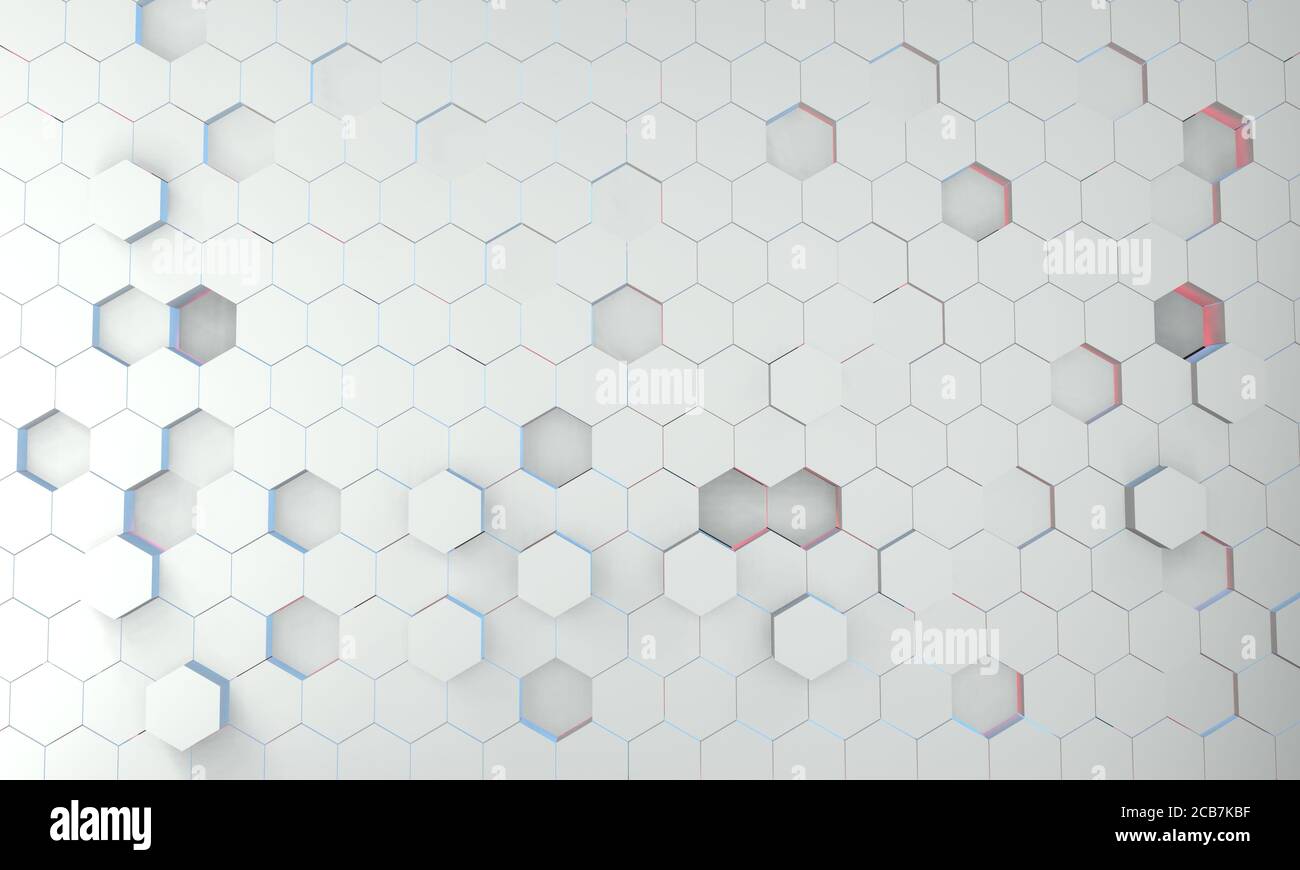 Hexagonal grid surface. Geometry pattern. Abstract white hexagon background. 3D rendering image ...