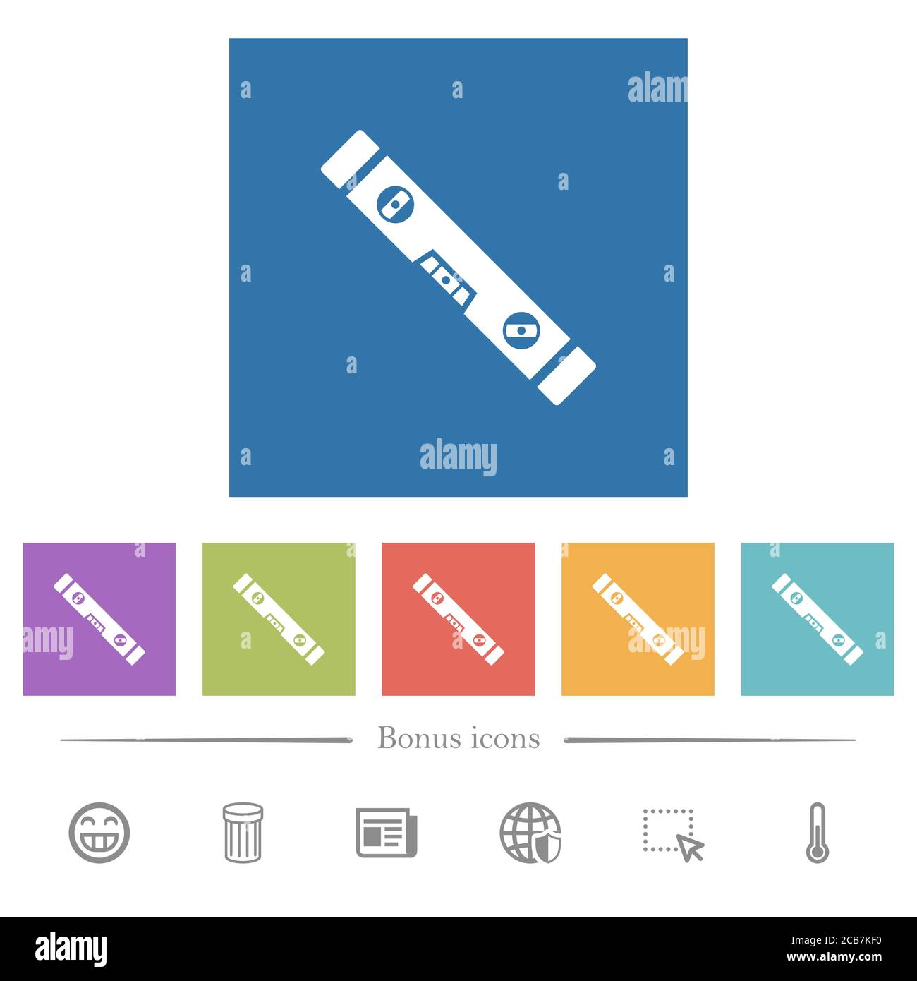 Spirit level flat white icons in square backgrounds. 6 bonus icons ...