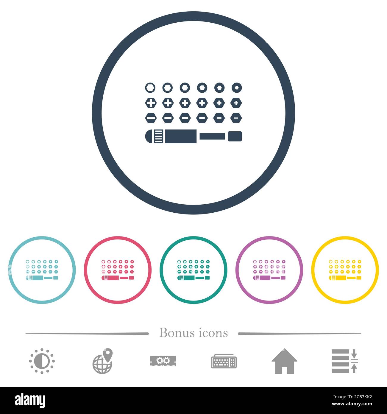 Set of screwdriver bits flat color icons in round outlines. 6 bonus ...