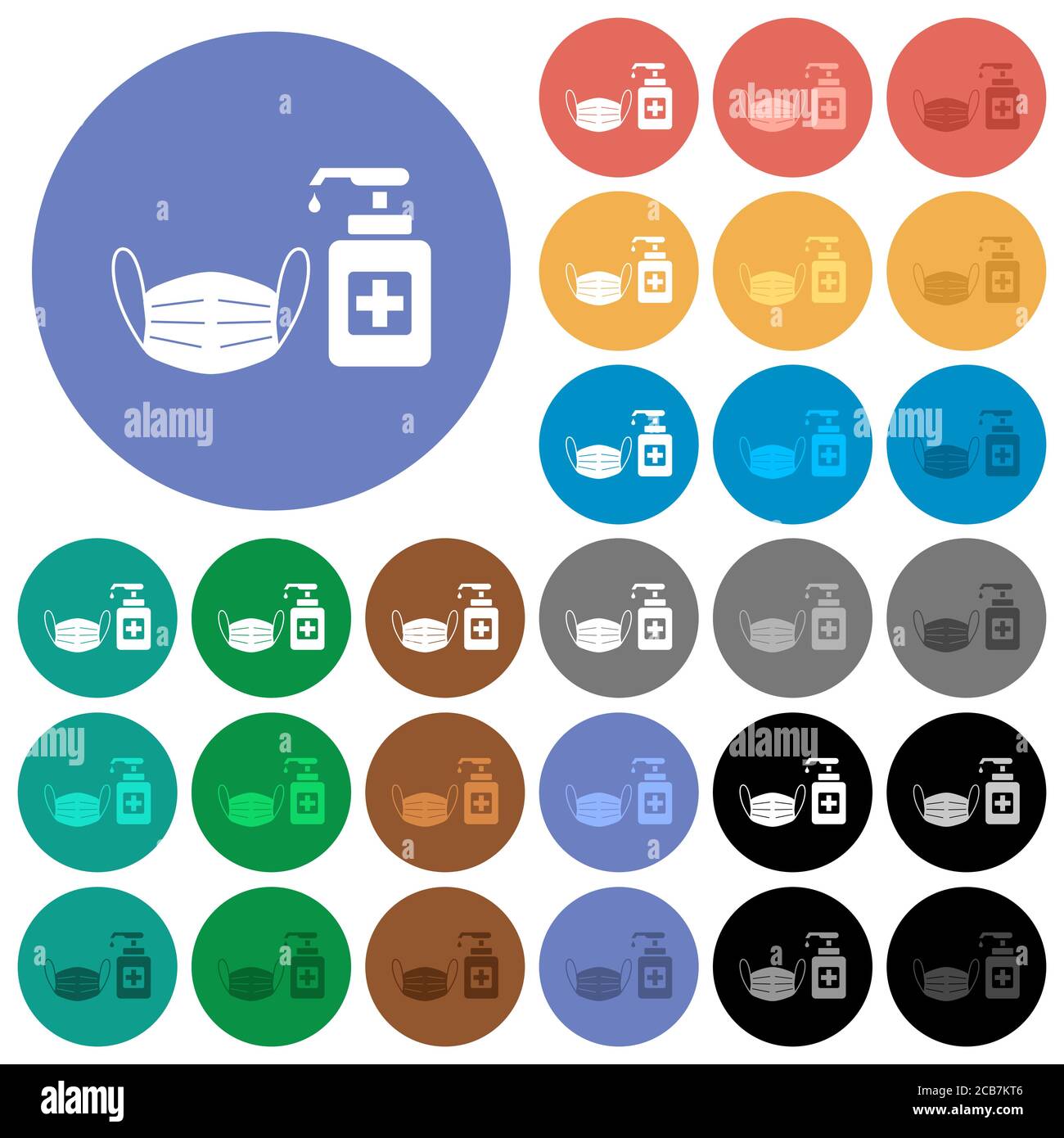 Medical face mask and hand sanitizer multi colored flat icons on round backgrounds. Included ...