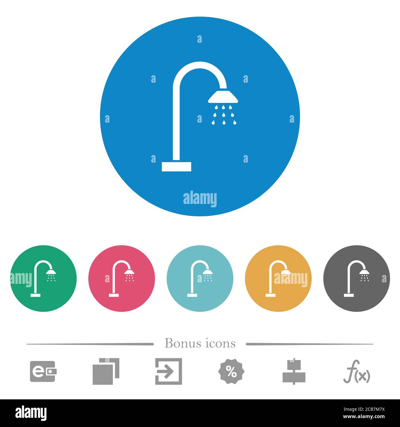 Shower flat white icons on round color backgrounds. 6 bonus icons ...