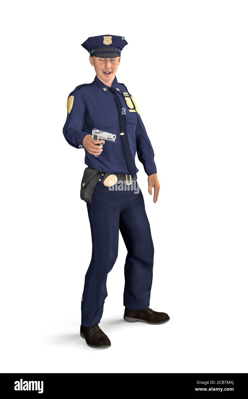 Smiling policeman poses with a gun in his hand - isolated on white ...