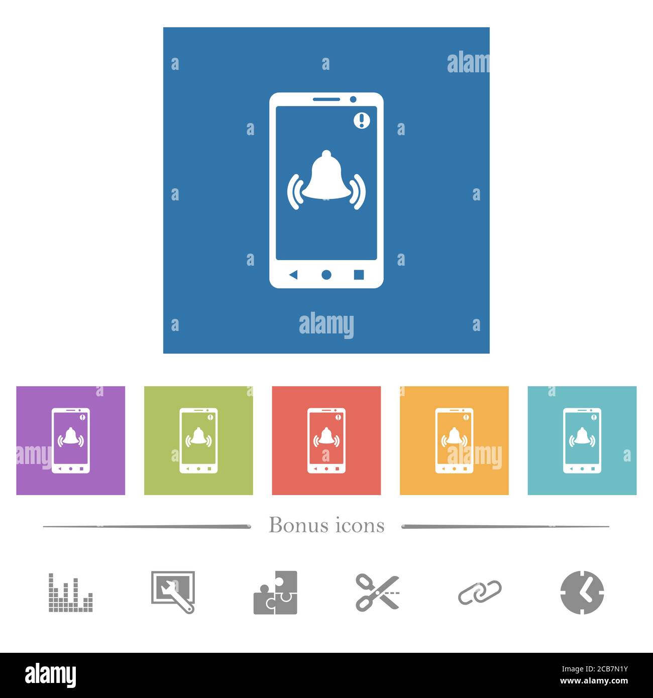 Mobile push notification flat white icons in square backgrounds. 6 ...