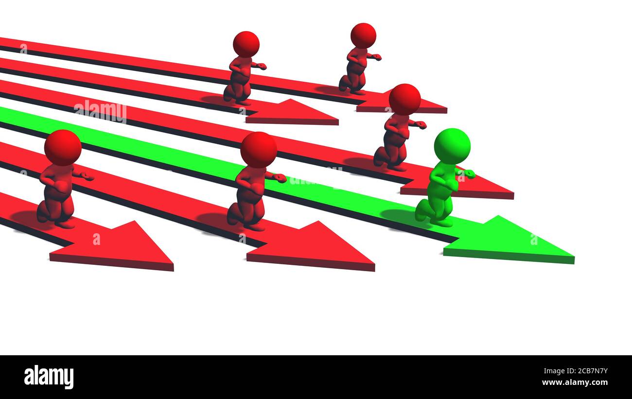 Index arrows in different color and stylized running 3D people overside ...