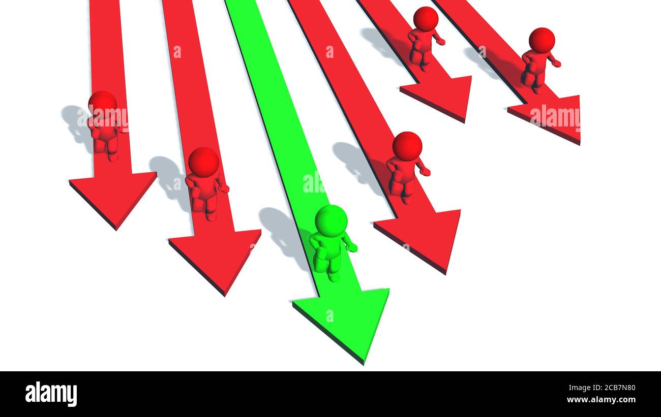 Index arrows in different color and stylized running 3D people overside ...