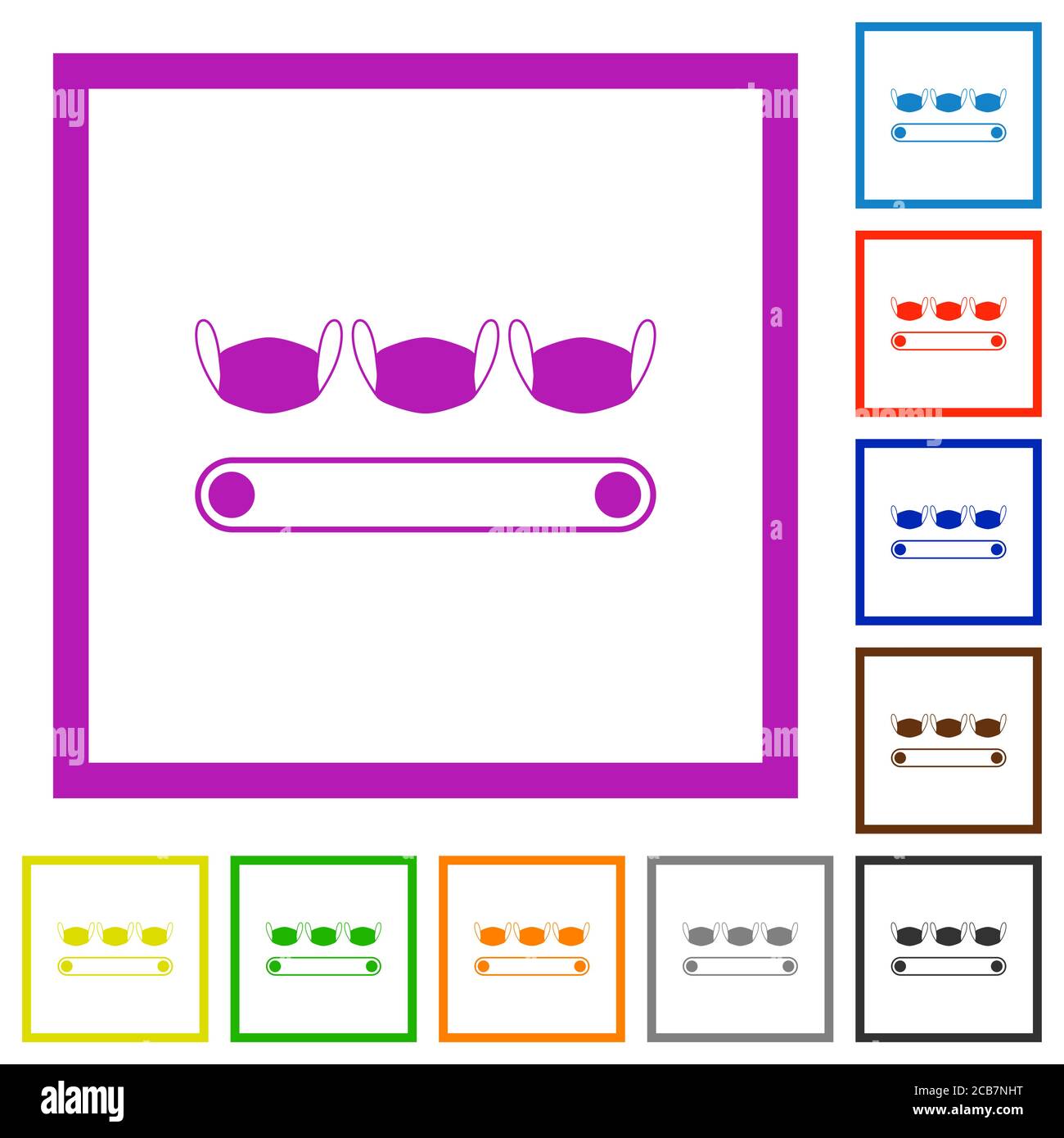 Mask manufacturing flat color icons in square frames on white ...