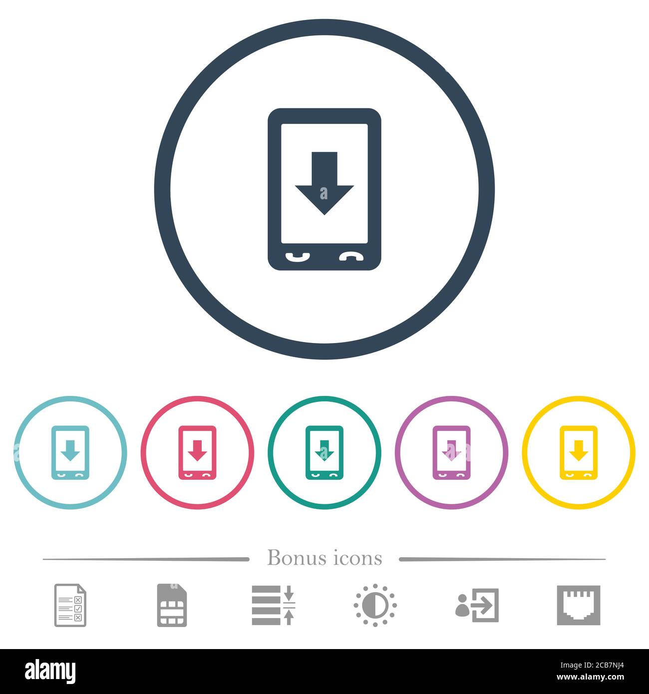 Mobile scroll down flat color icons in round outlines. 6 bonus icons ...