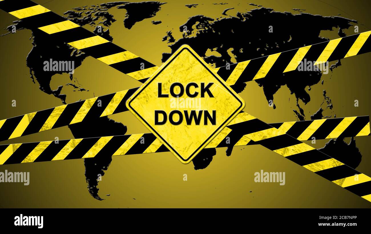 LOCKDOWN lettering on a warning sign with warning tapes striped in ...