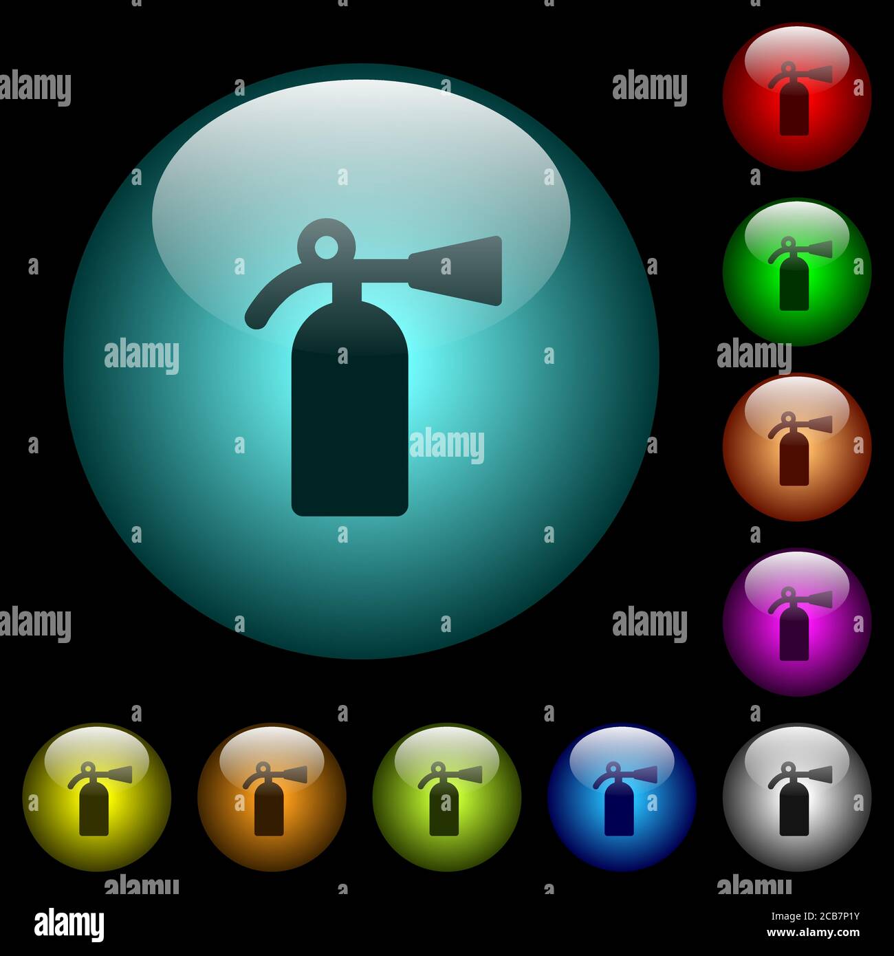 Fire extinguisher icons in color illuminated spherical glass buttons on ...