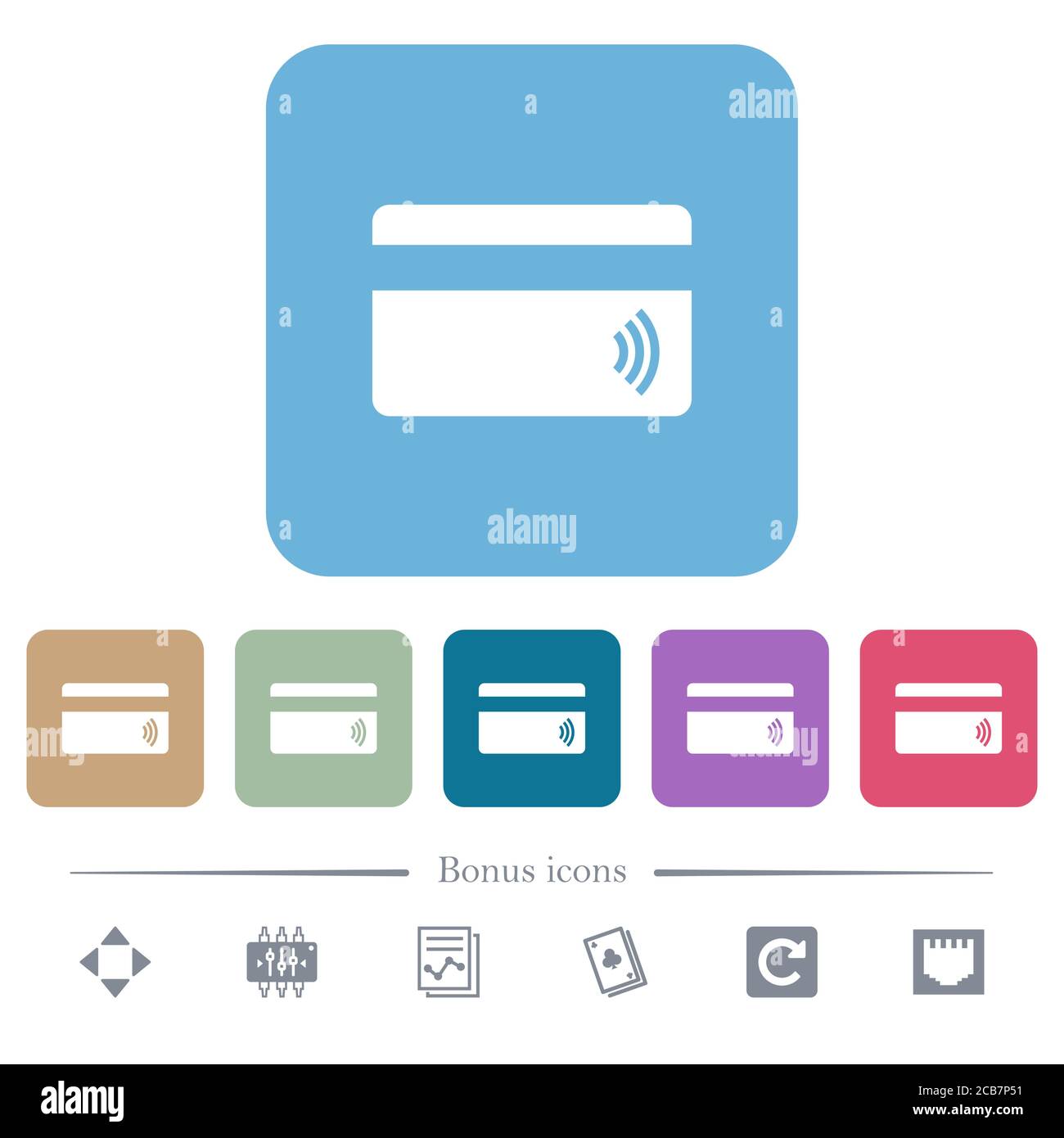 Contactless credit card white flat icons on color rounded square ...