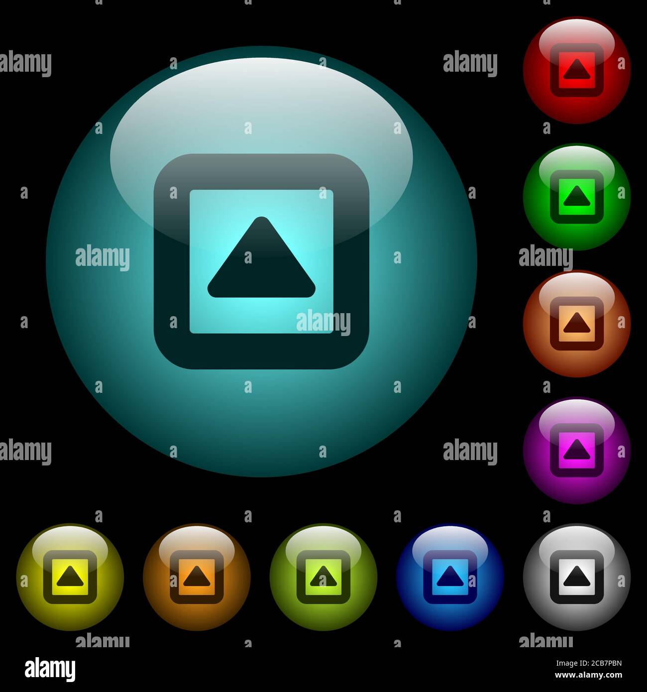 Toggle up icons in color illuminated spherical glass buttons on black ...