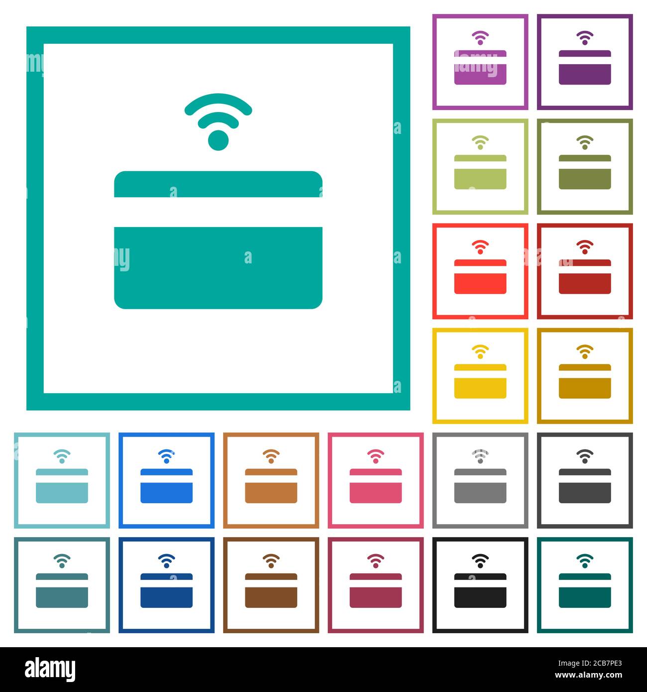 Contactless credit card flat color icons with quadrant frames on white ...