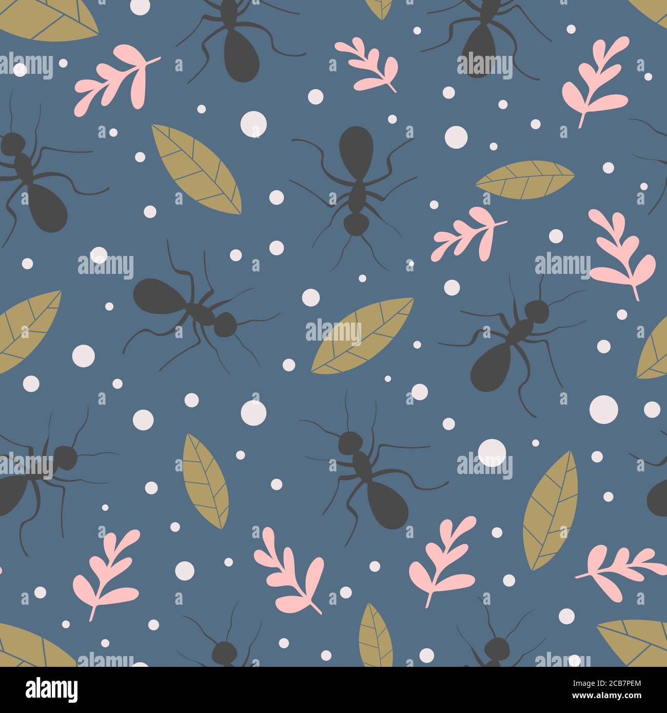 Nature seamless pattern with ants and leaves. Insects and plants ...