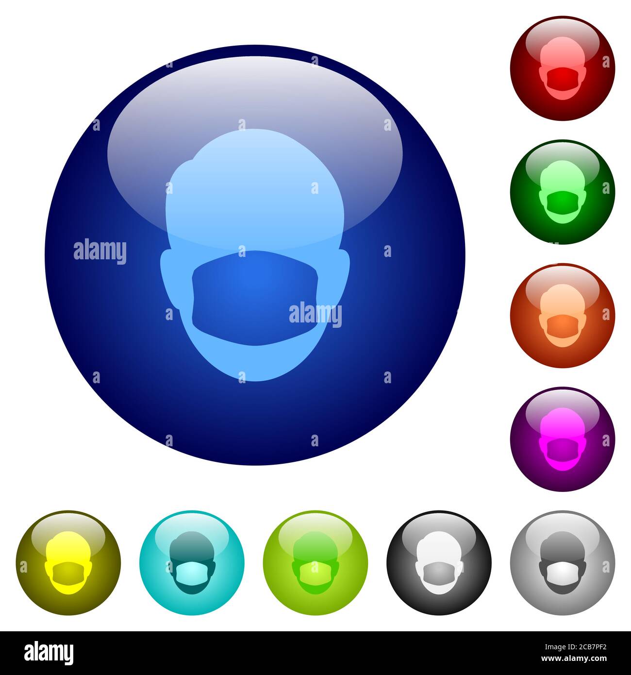 Face with medical mask icons on round glass buttons in multiple colors ...
