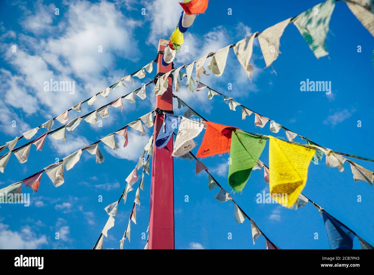 Tibetan flags hang on a rope against the sky Stock Photo - Alamy